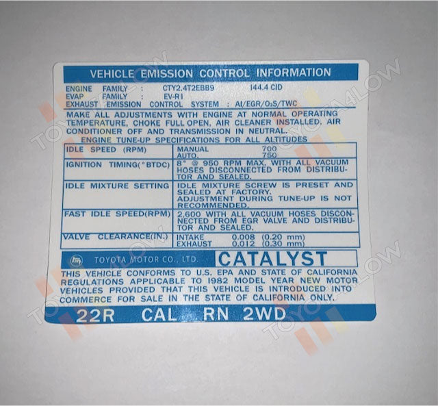 1982 Emissions Decal - 22R Cal 2WD – Toyota4Low