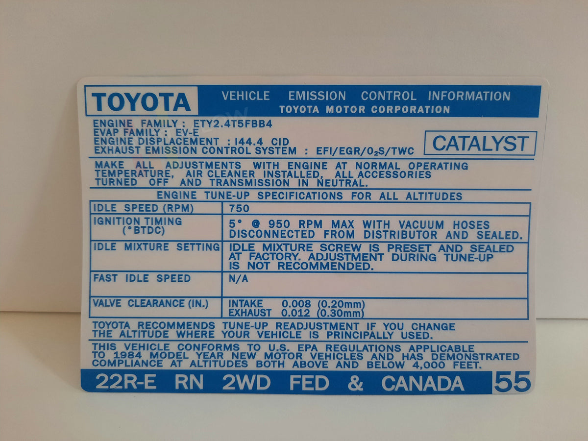 1984 Emissions Decal - 22RE 2WD Fed/Canada #55 – Toyota4Low
