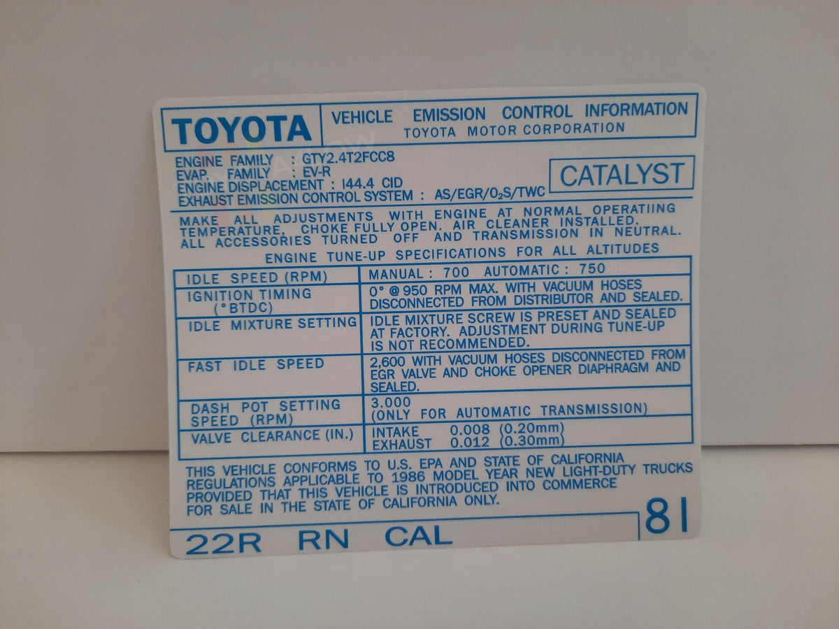 1986 Emissions Decal - 22R Cal #81 – Toyota4Low