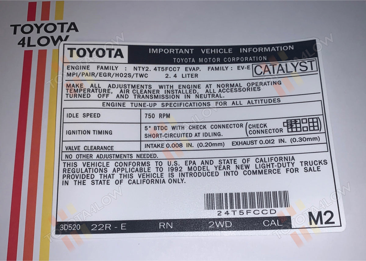 1992 Emissions Decal - 22RE 2WD Cal #M2 – Toyota4Low